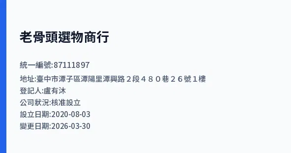 老骨頭選物商行的照片-統編 87111897(臺中市) 公司登記資料與營業項目詳細圖表