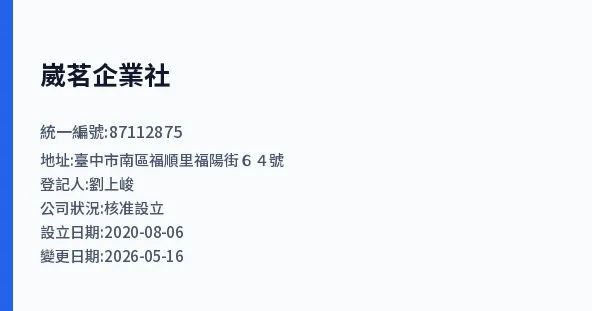 崴茗企業社的照片-統編 87112875(臺中市) 公司登記資料與營業項目詳細圖表