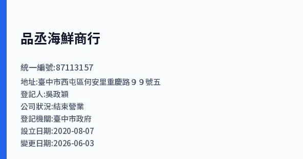 品丞海鮮商行的照片-統編 87113157(臺中市) 公司登記資料與營業項目詳細圖表