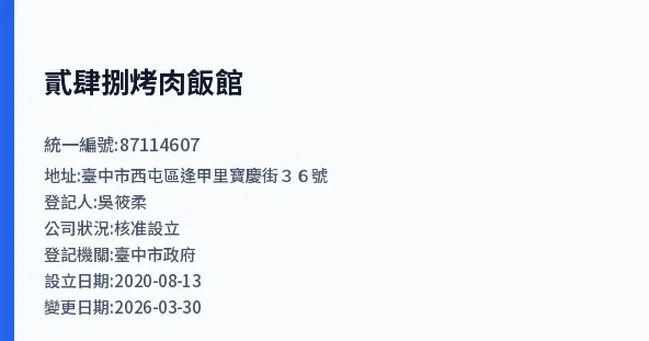 貳肆捌烤肉飯館的照片-統編 87114607(臺中市) 公司登記資料與營業項目詳細圖表