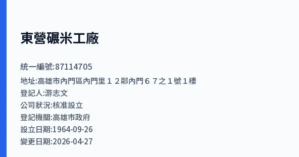 東營碾米工廠的照片-統編 87114705(高雄市) 公司登記資料與營業項目詳細圖表