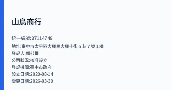 山鳥商行的照片-統編 87114748(臺中市) 公司登記資料與營業項目詳細圖表