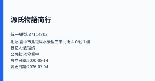 源氏物語商行的照片-統編 87114803(臺中市) 公司登記資料與營業項目詳細圖表