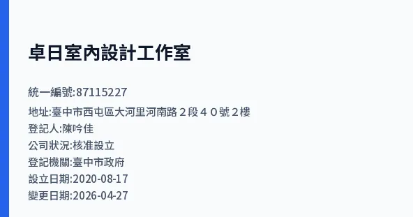 卓日室內設計工作室的照片-統編 87115227(臺中市) 公司登記資料與營業項目詳細圖表