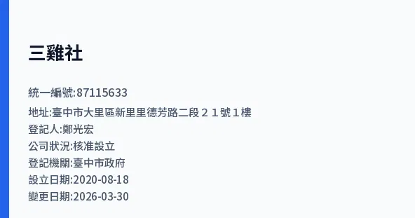 三雞社的照片-統編 87115633(臺中市) 公司登記資料與營業項目詳細圖表