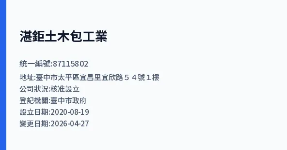 湛鉅土木包工業的照片-統編 87115802(臺中市) 公司登記資料與營業項目詳細圖表