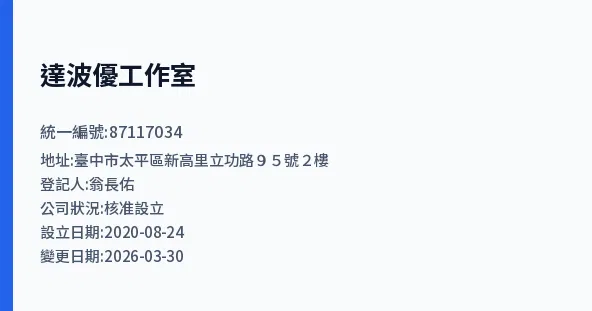 達波優工作室的照片-統編 87117034(臺中市) 公司登記資料與營業項目詳細圖表