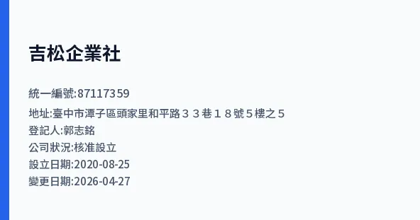 吉松企業社的照片-統編 87117359(臺中市) 公司登記資料與營業項目詳細圖表