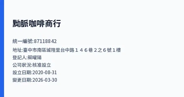 黝脈咖啡商行的照片-統編 87118842(臺中市) 公司登記資料與營業項目詳細圖表