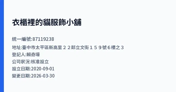 衣櫃裡的貓服飾小舖的照片-統編 87119238(臺中市) 公司登記資料與營業項目詳細圖表