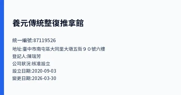 養元傳統整復推拿館的照片-統編 87119526(臺中市) 公司登記資料與營業項目詳細圖表
