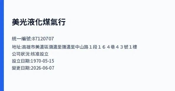 美光液化煤氣行的照片-統編 87120707(高雄市) 公司登記資料與營業項目詳細圖表