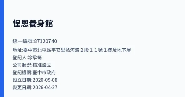 悜恩養身館的照片-統編 87120740(臺中市) 公司登記資料與營業項目詳細圖表