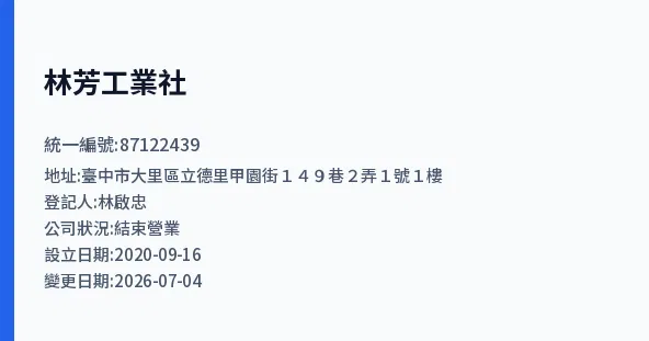林芳工業社的照片-統編 87122439(臺中市) 公司登記資料與營業項目詳細圖表