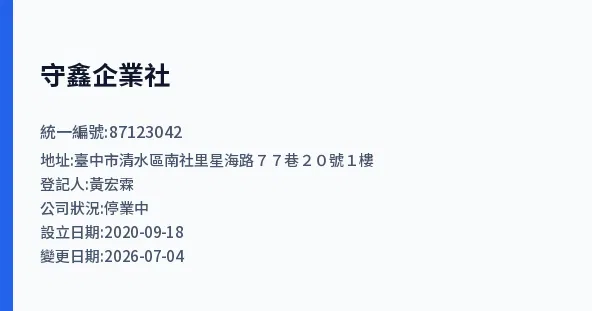 守鑫企業社的照片-統編 87123042(臺中市) 公司登記資料與營業項目詳細圖表
