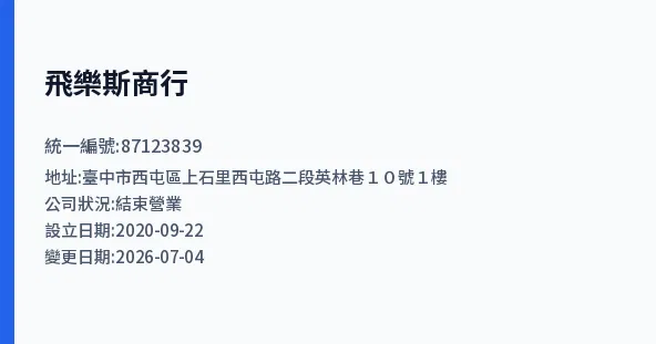 飛樂斯商行的照片-統編 87123839(臺中市) 公司登記資料與營業項目詳細圖表