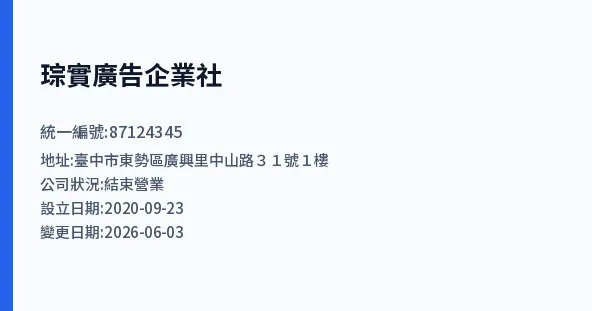 琮實廣告企業社的照片-統編 87124345(臺中市) 公司登記資料與營業項目詳細圖表