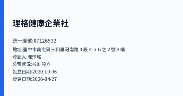 理格健康企業社的照片-統編 87126532(臺中市) 公司登記資料與營業項目詳細圖表