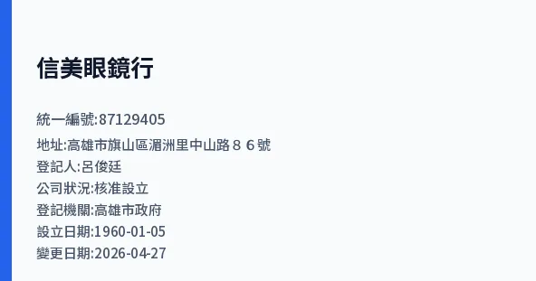 信美眼鏡行的照片-統編 87129405(高雄市) 公司登記資料與營業項目詳細圖表