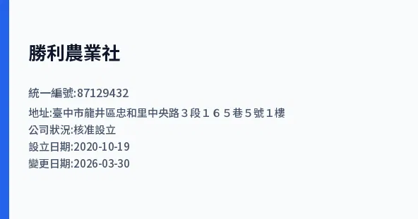勝利農業社的照片-統編 87129432(臺中市) 公司登記資料與營業項目詳細圖表