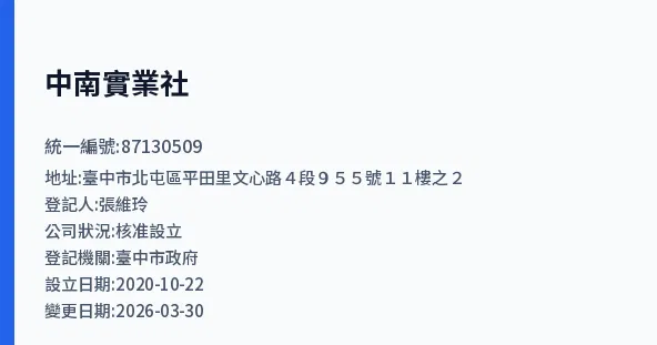 中南實業社的照片-統編 87130509(臺中市) 公司登記資料與營業項目詳細圖表