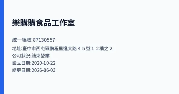 樂購購食品工作室的照片-統編 87130557(臺中市) 公司登記資料與營業項目詳細圖表