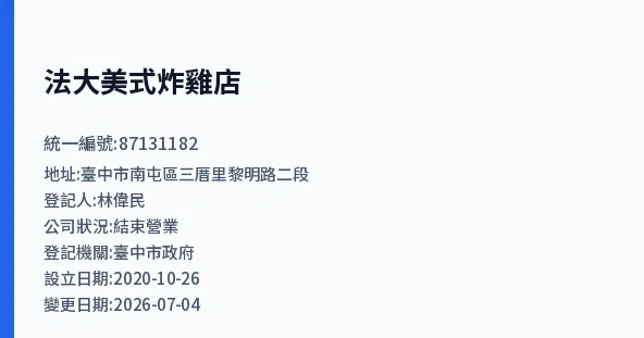 法大美式炸雞店的照片-統編 87131182(臺中市) 公司登記資料與營業項目詳細圖表