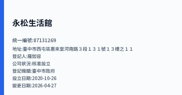 永松生活館的照片-統編 87131269(臺中市) 公司登記資料與營業項目詳細圖表