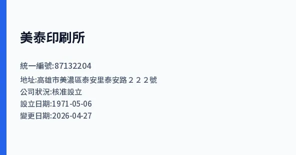 美泰印刷所的照片-統編 87132204(高雄市) 公司登記資料與營業項目詳細圖表