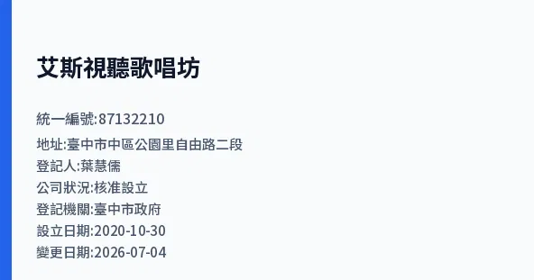 艾斯視聽歌唱坊的照片-統編 87132210(臺中市) 公司登記資料與營業項目詳細圖表