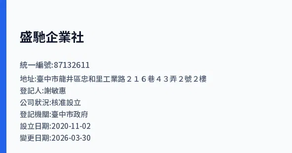 盛馳企業社的照片-統編 87132611(臺中市) 公司登記資料與營業項目詳細圖表