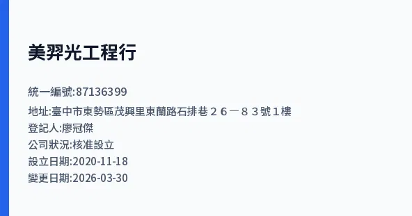 美羿光工程行的照片-統編 87136399(臺中市) 公司登記資料與營業項目詳細圖表