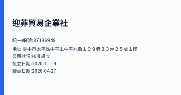 迎菲貿易企業社的照片-統編 87136948(臺中市) 公司登記資料與營業項目詳細圖表