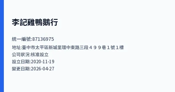 李記雞鴨鵝行的照片-統編 87136975(臺中市) 公司登記資料與營業項目詳細圖表