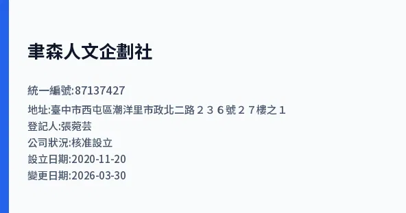 聿森人文企劃社的照片-統編 87137427(臺中市) 公司登記資料與營業項目詳細圖表