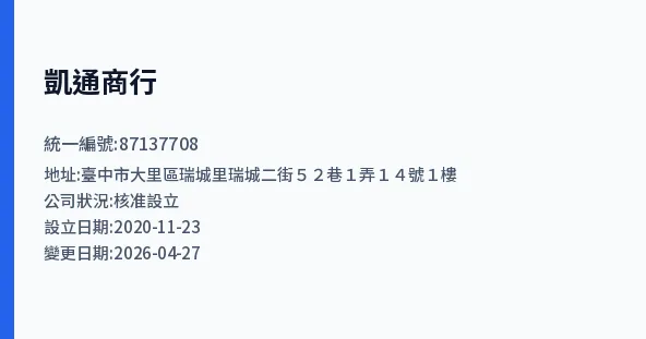 凱通商行的照片-統編 87137708(臺中市) 公司登記資料與營業項目詳細圖表