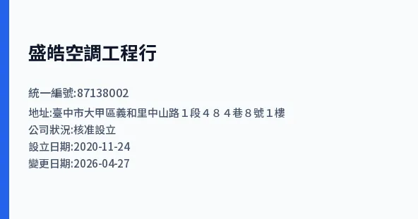 盛皓空調工程行的照片-統編 87138002(臺中市) 公司登記資料與營業項目詳細圖表
