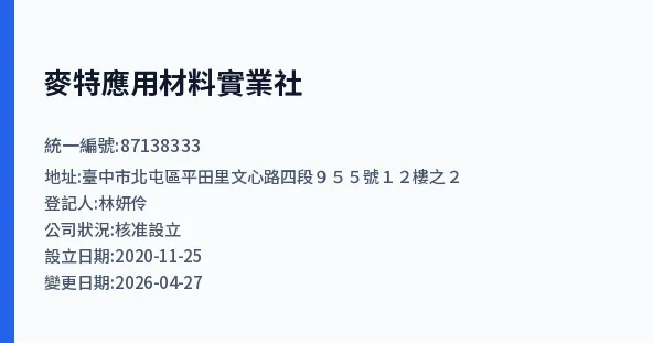 麥特應用材料實業社的照片-統編 87138333(臺中市) 公司登記資料與營業項目詳細圖表