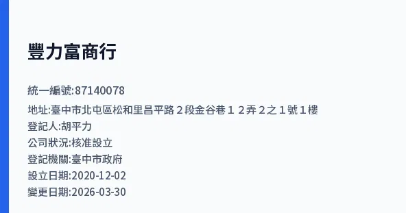 豐力富商行的照片-統編 87140078(臺中市) 公司登記資料與營業項目詳細圖表