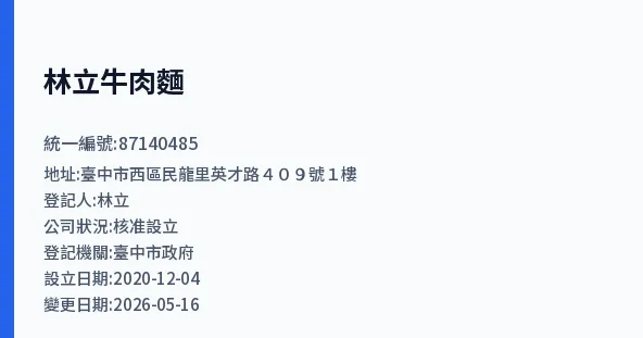 林立牛肉麵的照片-統編 87140485(臺中市) 公司登記資料與營業項目詳細圖表