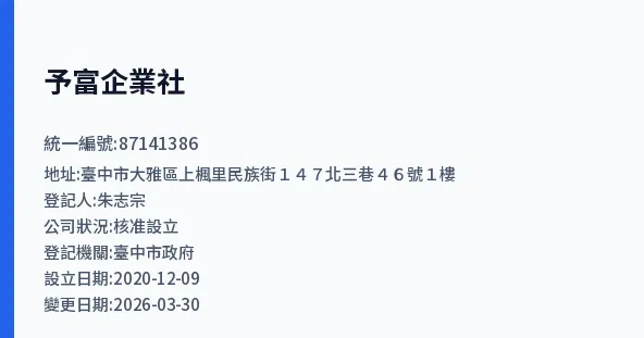 予富企業社的照片-統編 87141386(臺中市) 公司登記資料與營業項目詳細圖表