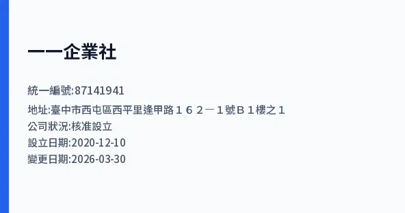 一一企業社的照片-統編 87141941(臺中市) 公司登記資料與營業項目詳細圖表