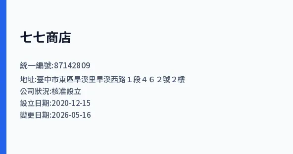 七七商店的照片-統編 87142809(臺中市) 公司登記資料與營業項目詳細圖表