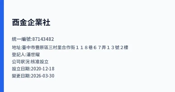 酉金企業社的照片-統編 87143482(臺中市) 公司登記資料與營業項目詳細圖表