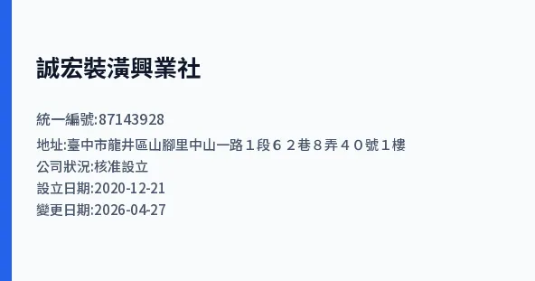 誠宏裝潢興業社的照片-統編 87143928(臺中市) 公司登記資料與營業項目詳細圖表