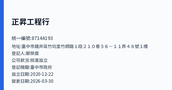 正昇工程行的照片-統編 87144193(臺中市) 公司登記資料與營業項目詳細圖表