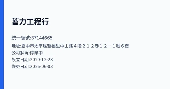 蓄力工程行的照片-統編 87144665(臺中市) 公司登記資料與營業項目詳細圖表