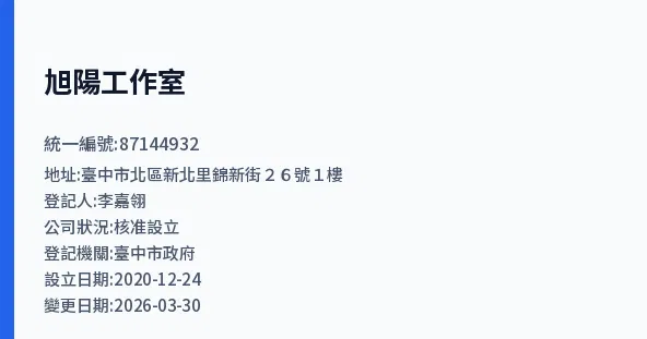 旭陽工作室的照片-統編 87144932(臺中市) 公司登記資料與營業項目詳細圖表