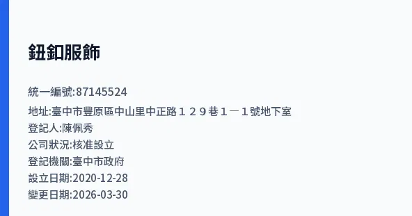 鈕釦服飾的照片-統編 87145524(臺中市) 公司登記資料與營業項目詳細圖表