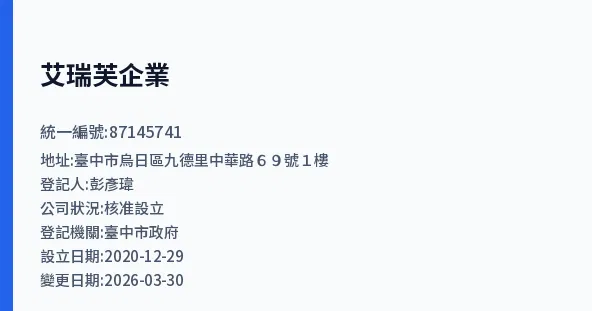 艾瑞芙企業的照片-統編 87145741(臺中市) 公司登記資料與營業項目詳細圖表